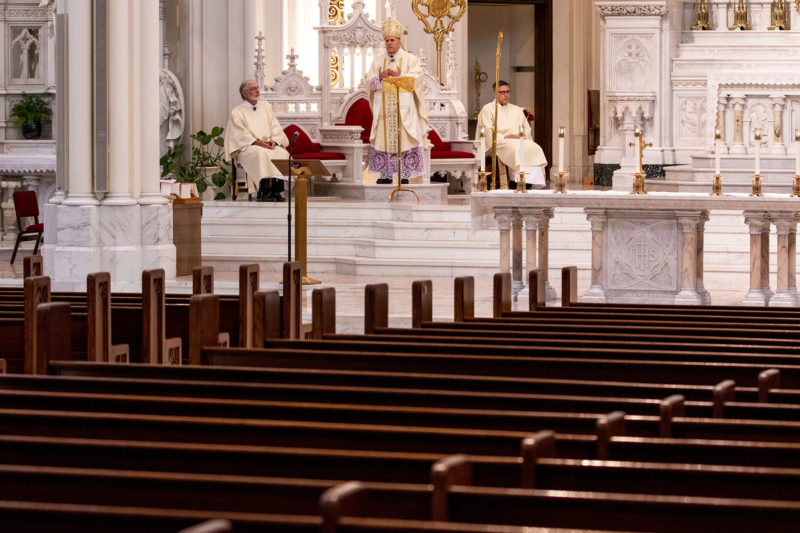 A Denver Easter service, empty save for the priests and staff due to ...