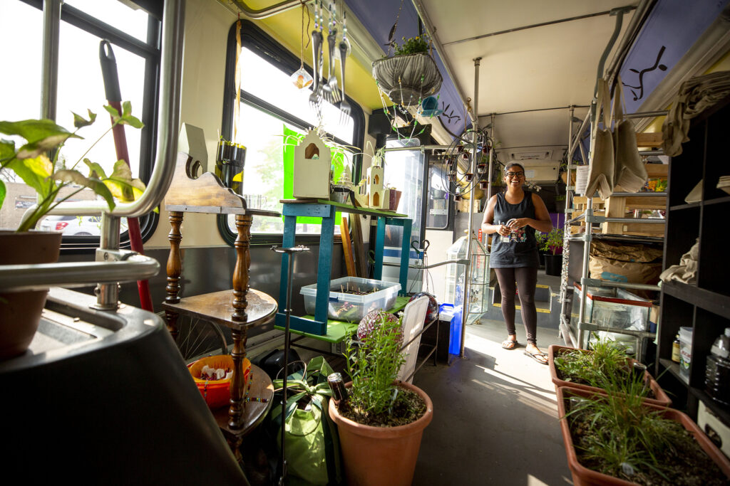 You can buy plants inside a bus near Stanley Marketplace
